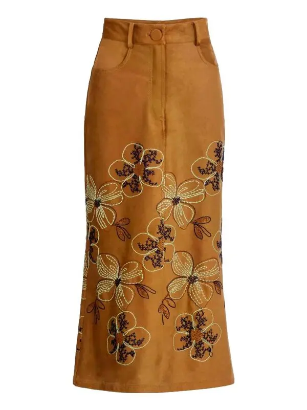 Silvia Tcherassi Floral Embroidered Midi Skirt - Brown