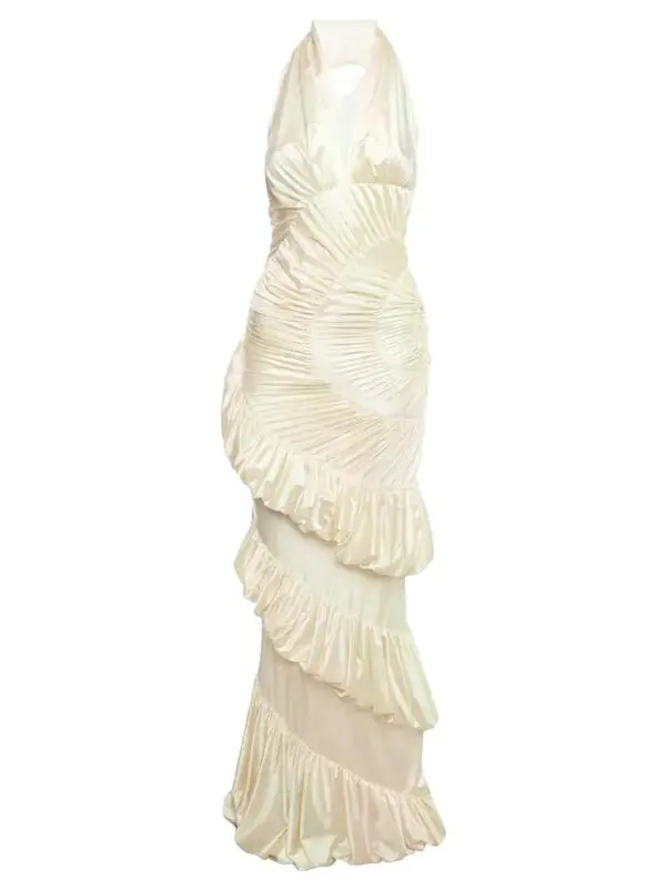 DATT Spiral Ruched Halter-neck Maxi Gown - Neutrals