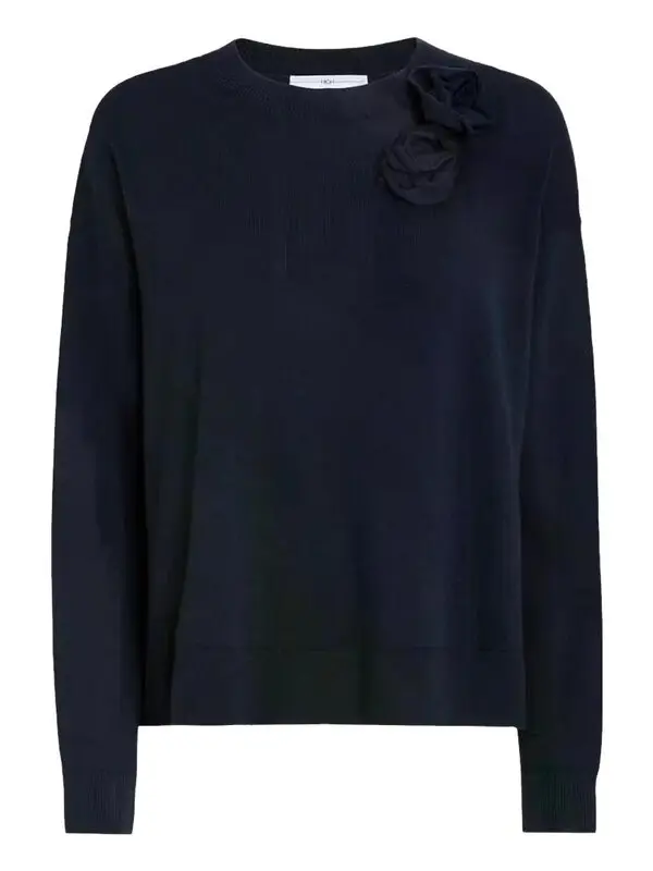 High Floral Appliqué Fine-knit Sweater - Blue