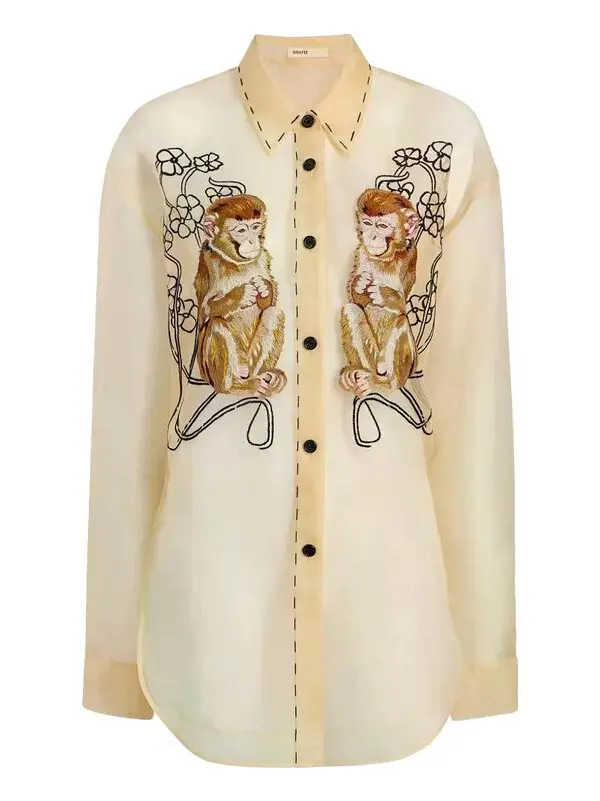 Khaite Goya Silk Organza Monkey Print Shirt - Neutrals