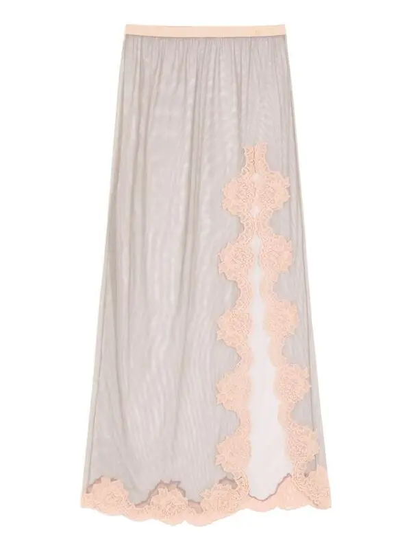 Valentino Garavani Long Sheer Tulle Skirt With Lace Hem - Grey/peach