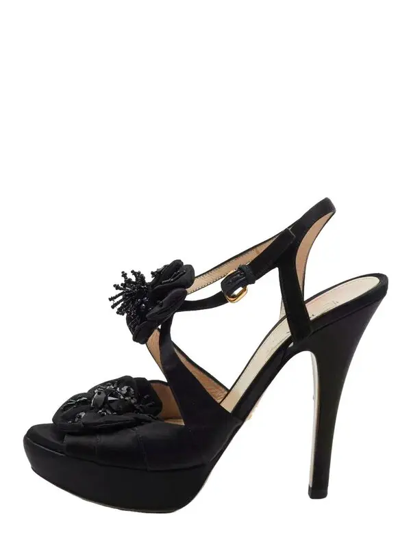 Prada Satin Floral Embellished Platform Sandals - Black