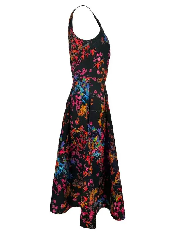 Saloni Floral Print V-neck Sleeveless Midi Dress - Black