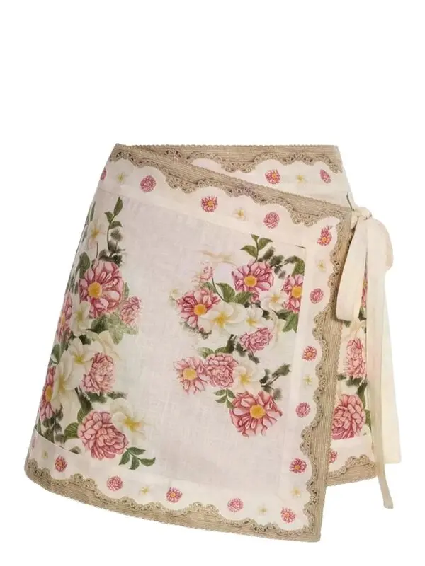 Agua Bendita Luna Paraiso Floral-print Linen Skirt - Neutrals