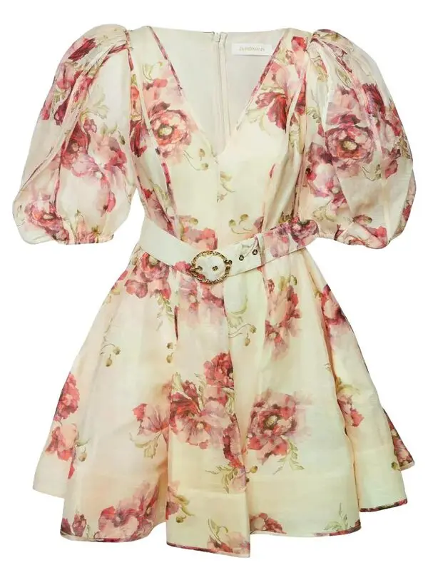 Zimmermann High Tide Floral Print Puff Sleeve Mini Dress - Neutrals