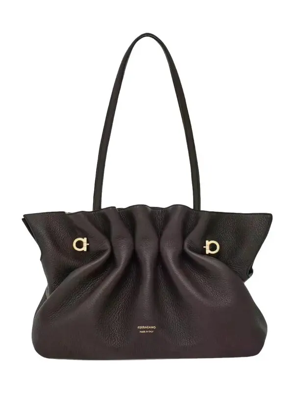 FERRAGAMO Soft Nappa Leather Shoulder Bag With Gancio Pin - Brown