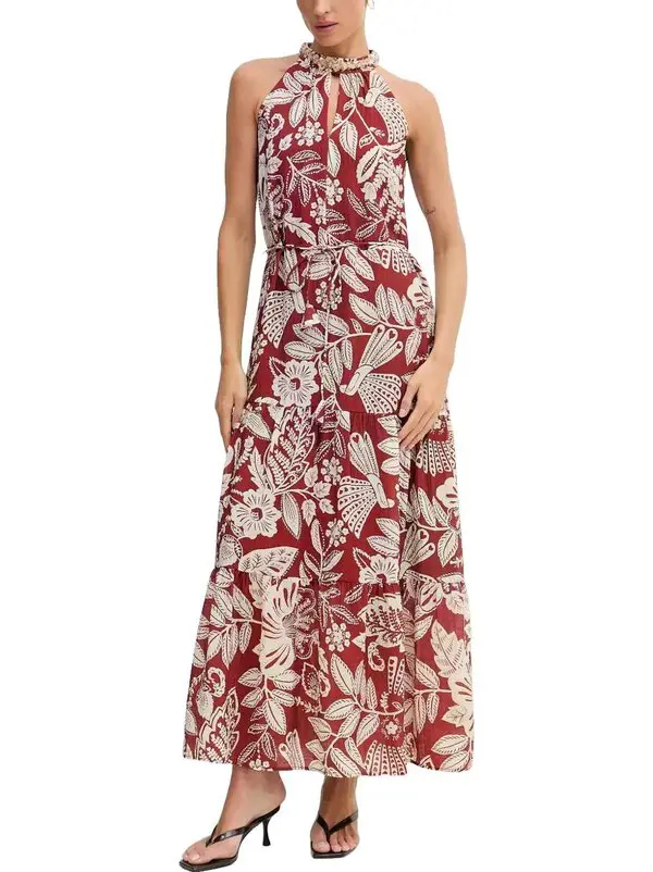 OUI Beaded-collar Floral-print Maxi Dress - Red