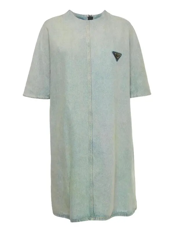 Prada Triangle Logo Washed Denim Shirt Dress - Blue