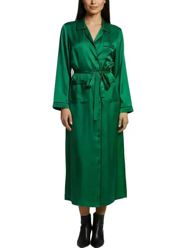 Prada Belted Silk Satin Shirt Midi Dress - Green