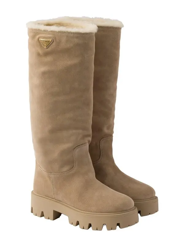 Prada Suede Shearling Lined Boots - Neutral