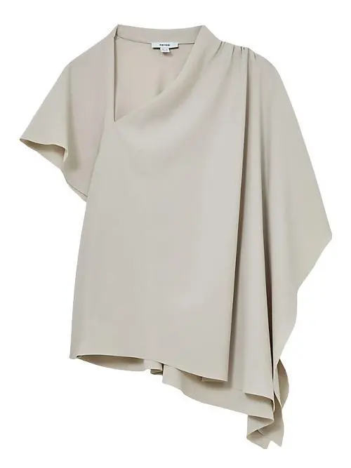 REISS Asymmetric Draped-sleeve Woven Top - Light Grey