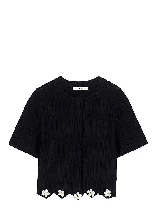 Maje Cropped Knitted Cardigan With Embellished Scalloped Hem - Black