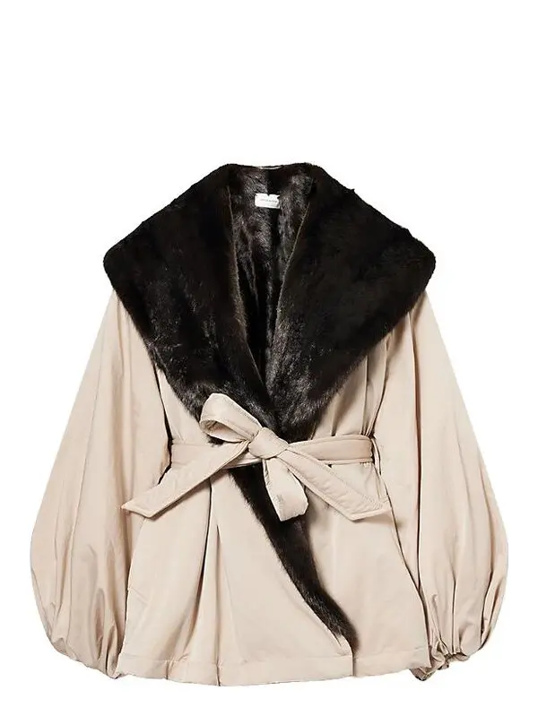 Magda Butrym Soft-shell Jacket With Puffed Sleeves And Fur Trim - Beige