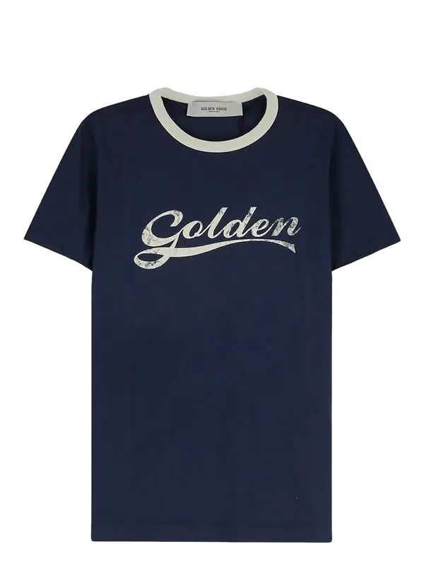 GOLDEN GOOSE Cotton T-shirt With Golden Print - Blue