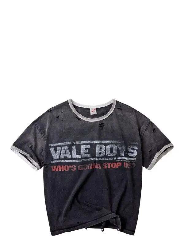 VALE FOREVER Graphic Distressed Ringer T-shirt - Black