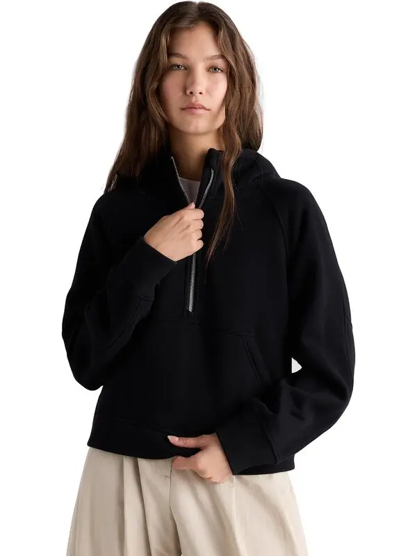 Quince Fleece Cropped Half Zip Hoodie - Black