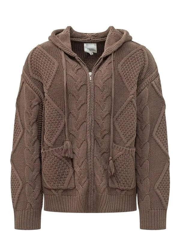 FOUND Cable Knit Zip-up Hoodie - Brown