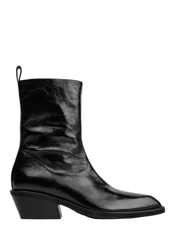 POEVE Soft Crinkled Shiny Leather Ankle Boots With Angled Cuban Heel - Nero