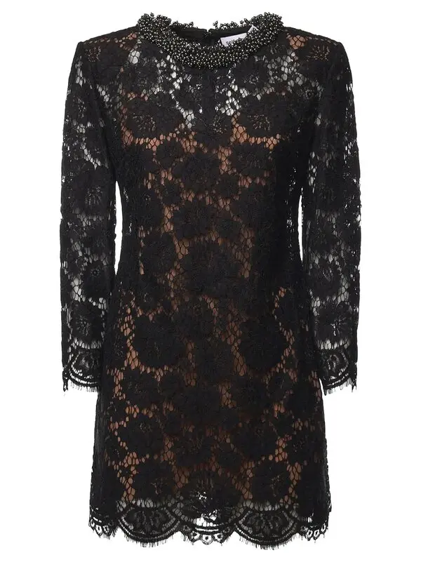 SELF-PORTRAIT Long Sleeve Lace Mini Dress With Embellished Neckline - Black
