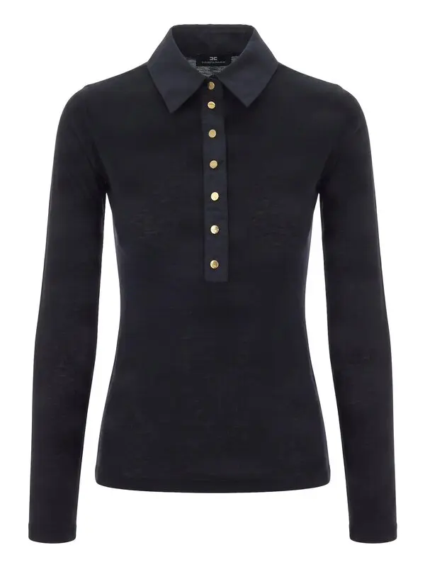 Elisabetta Franchi Fitted Long-sleeve Polo Top With Button Placket - Nero