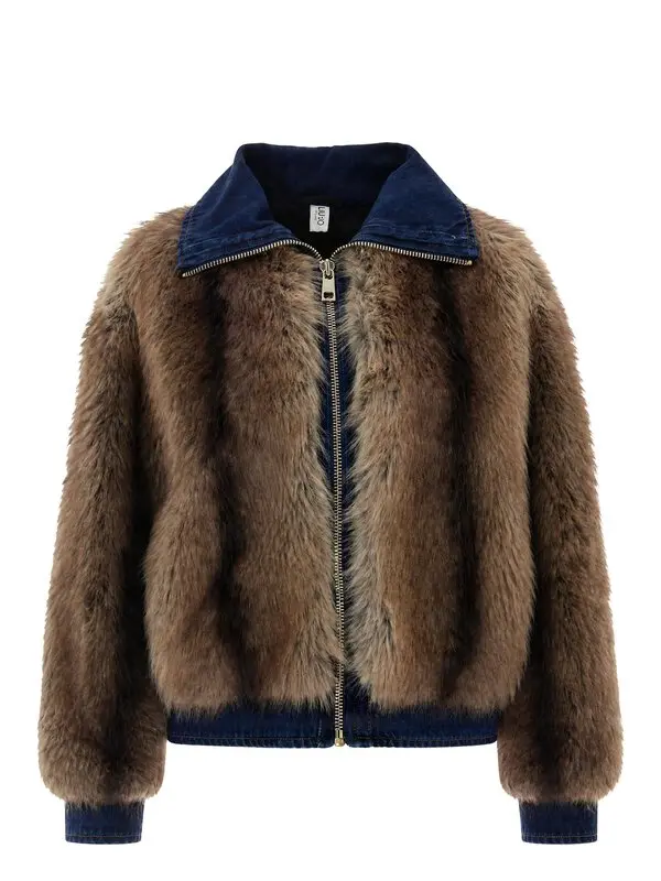 Liu Jo Faux Fur And Denim Jacket - Visone