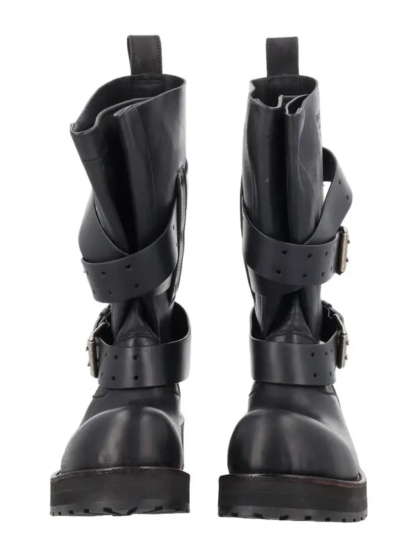 Balenciaga Leather Buckle Strap Moto Boots - Black