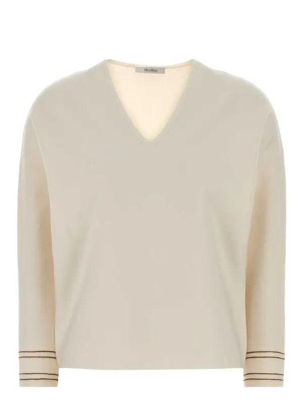 Max Mara V-neck Stretch Wool Blend Sweater With Striped Cuffs - White