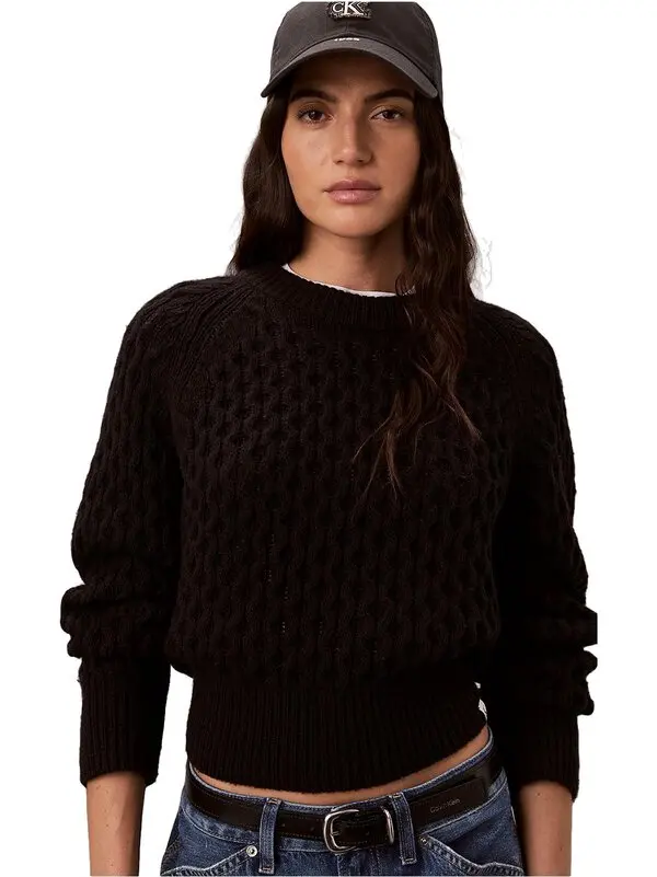 Calvin Klein Merino Wool Blend Cable Knit Crew Neck Sweater - Black
