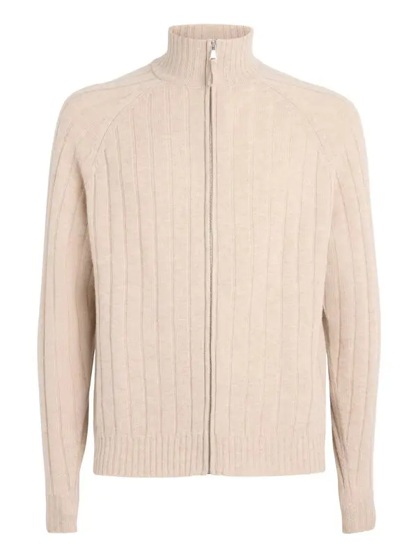 ALLUDE Wool-cashmere Rib-knit Zip-up Cardigan - Beige