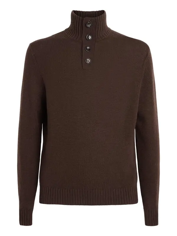 ALLUDE Wool-cashmere High-neck Buttoned Sweater - Brown