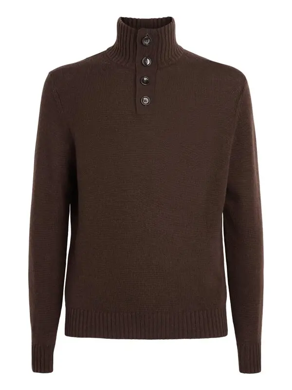 ALLUDE Wool-cashmere High-neck Buttoned Sweater - Brown