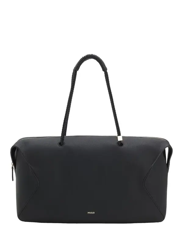 Hugo Braided Handle Tote Bag With Engraved Metal Cube - Black