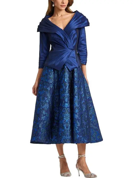 Tadashi Shoji Pleated Shawl Mixed Media Floral Jacquard Evening Dress - Navy/multi