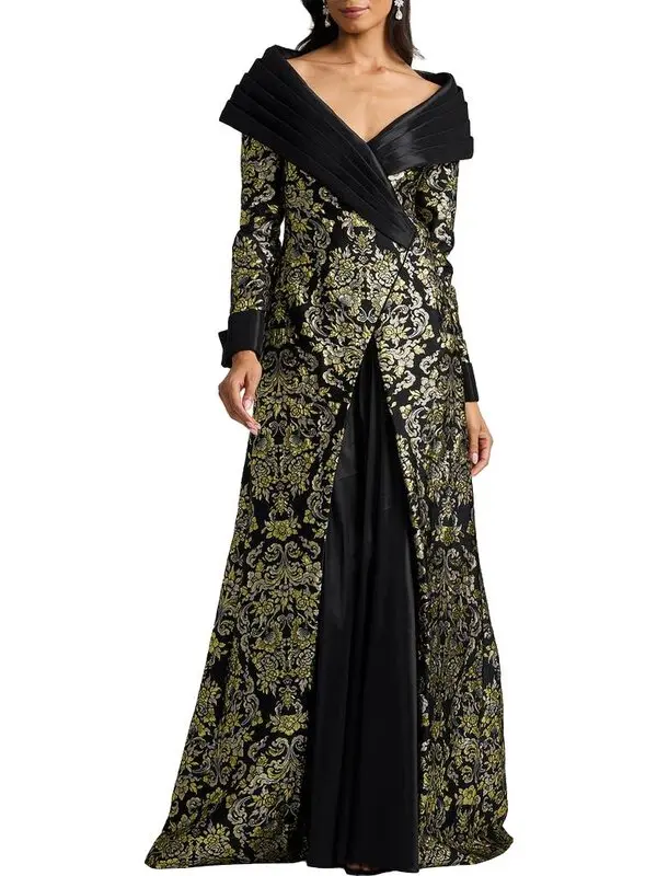 Tadashi Shoji Metallic Floral Jacquard Long Sleeve Gown - Gold/multi