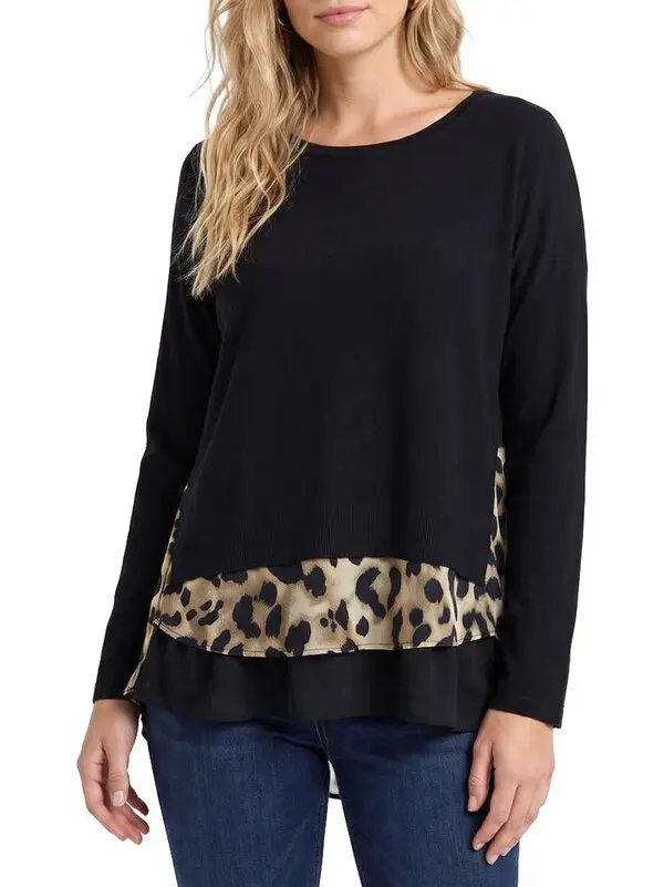 Karen Kane Layered Contrast Sweater With Animal Print Hem - Leopard