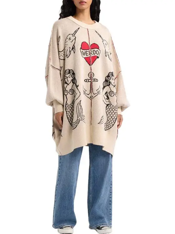 DRESSED IN LALA Graphic Knit Oversized Crewneck Sweater - Tattoo