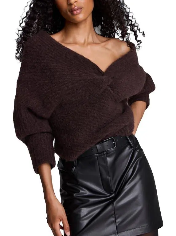KENNETH COLE Asymmetrical Drape Neck Chunky Sweater - Medium Bark