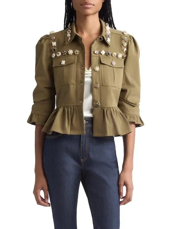 Cinq À Sept Delanie" Mixed Button Embellished Peplum Jacket - Dark Olive