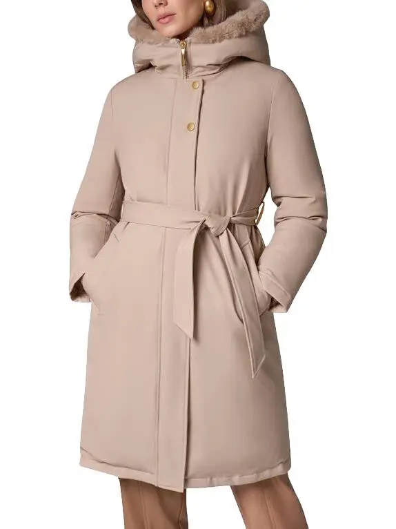 Donna Karan New York Belted Hooded Coat With Faux Fur Trim - Barley