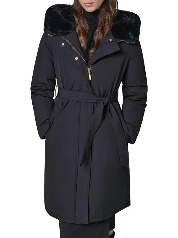 Donna Karan New York Belted Hooded Coat With Faux Fur Trim - Black