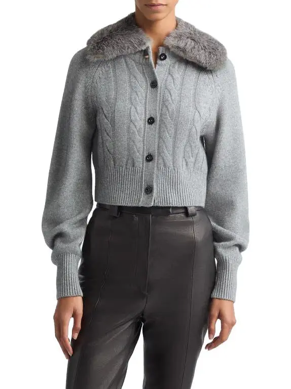 TOCCIN Rita Wool & Cashmere Cable Knit Cardigan With Faux Fur Collar - Storm