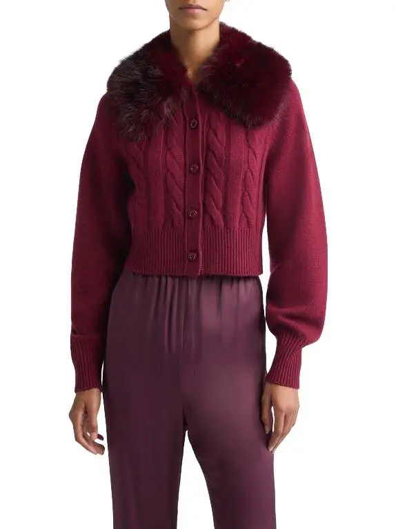 TOCCIN Rita Wool & Cashmere Cable Knit Cardigan With Faux Fur Collar - Wine