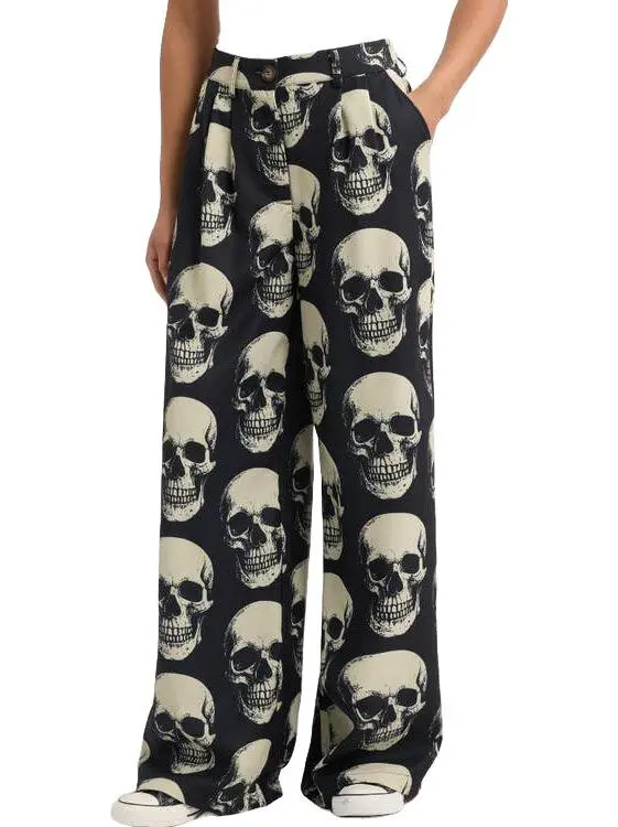 DRESSED IN LALA Skull Print Wide Leg Trousers - Black Skulls