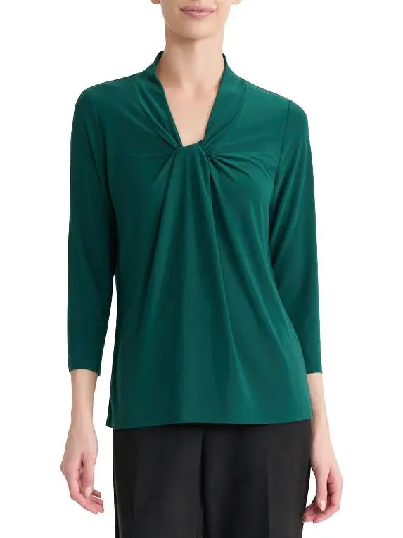 KASPER Knot Front V-neck Top - Evergreen