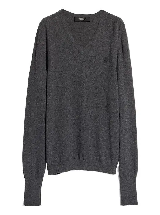 Gucci Embroidered Cashmere V-neck Sweater - Grey
