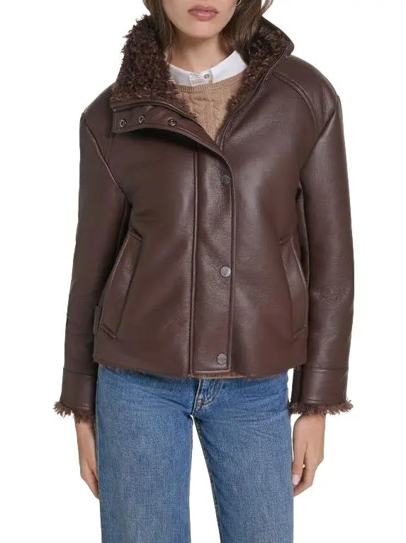 Cole Haan Faux Leather Cropped Jacket With Faux Shearling Lining - Brown