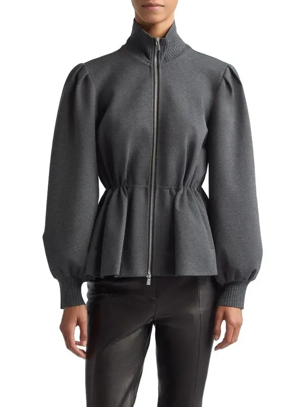 TOCCIN Ida Drawstring Waist Zip Jacket With Puffed Shoulders - Shadow