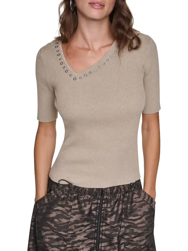 Dkny Grommet Ribbed Sweater - Putty