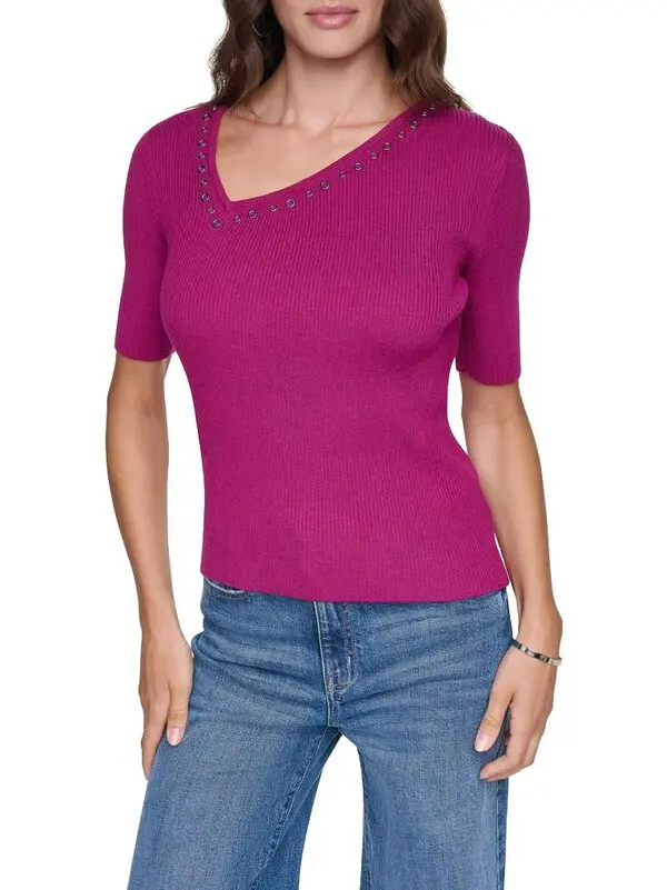 Dkny Grommet Ribbed Sweater - Raspberry