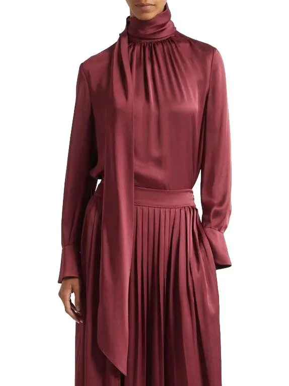 TOCCIN Veronica Tie Neck Long Sleeve Satin Top - Wine